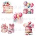 Watercolor Pink Birthday Party Cake Present Balloons Clipart Bundle of ...