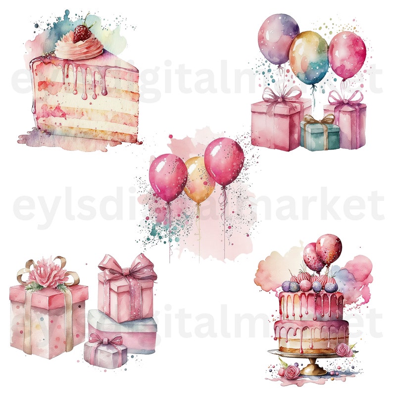 Watercolor Pink Birthday Party Cake Present Balloons Clipart Bundle of ...