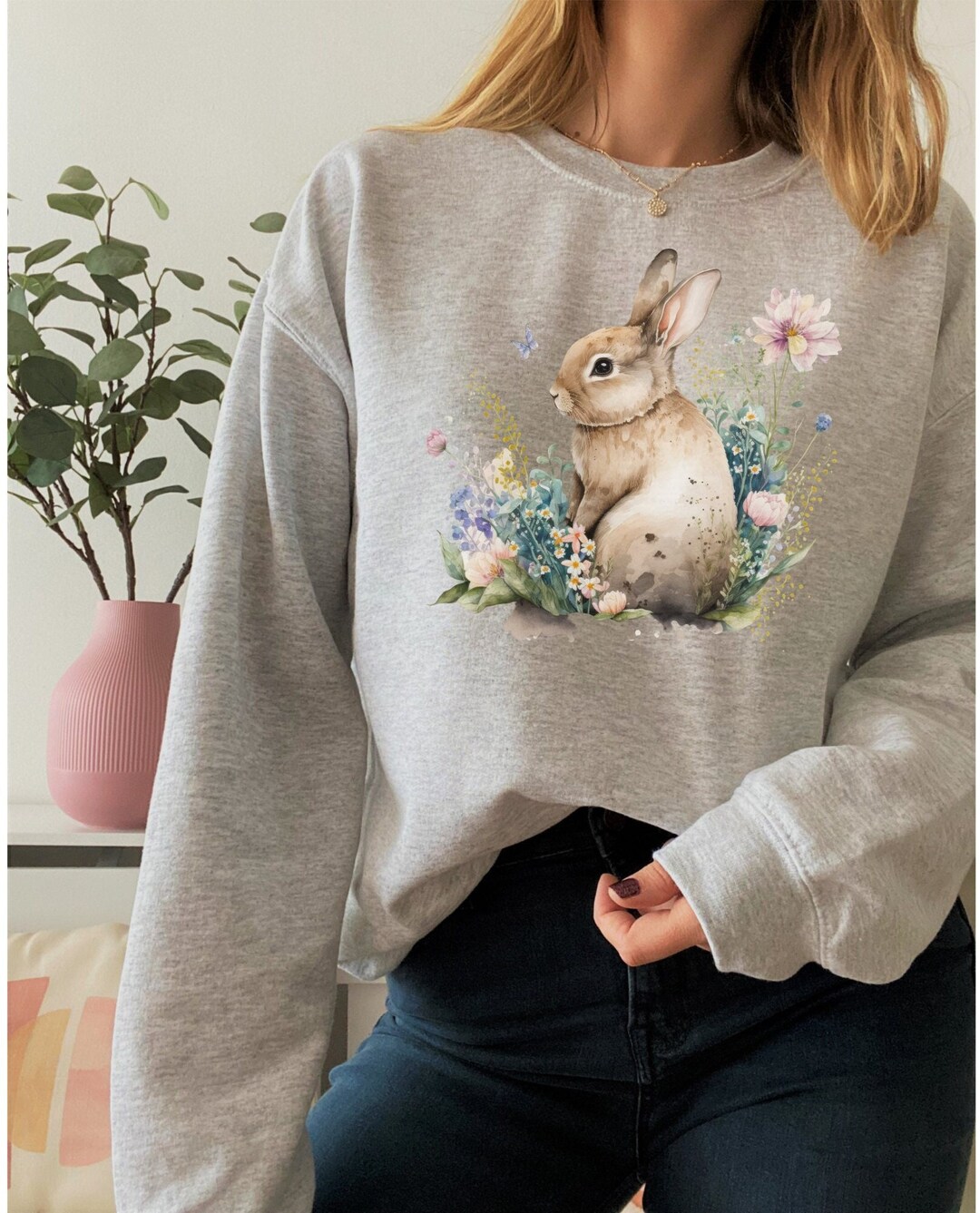 Cottagecore Bunny Sweatshirt, Watercolor Easter Bunny Sweatshirt, Light ...