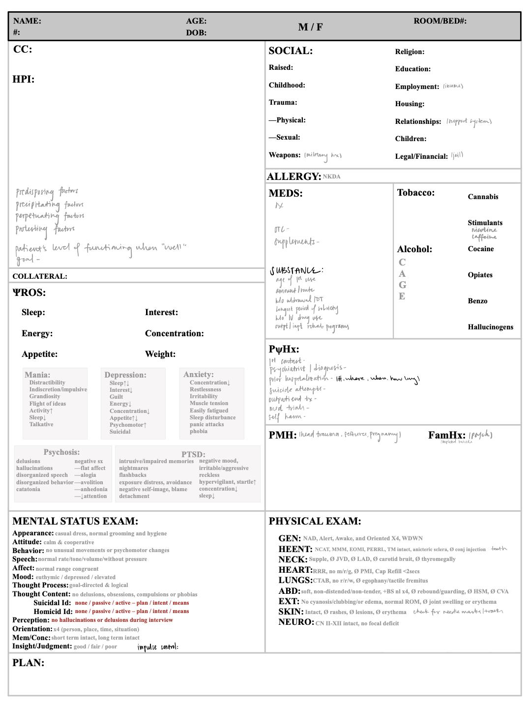 Psychiatry H&P Note Template – Clinical Rotation Mental Status Exam ...