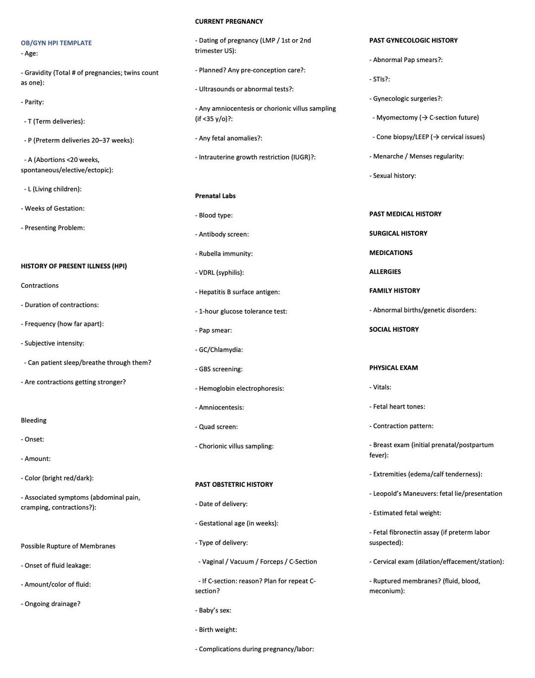 OBGYN HPI Template (6 Pages) — OB, L and D, Postpartum, Gyn Hx, and C ...