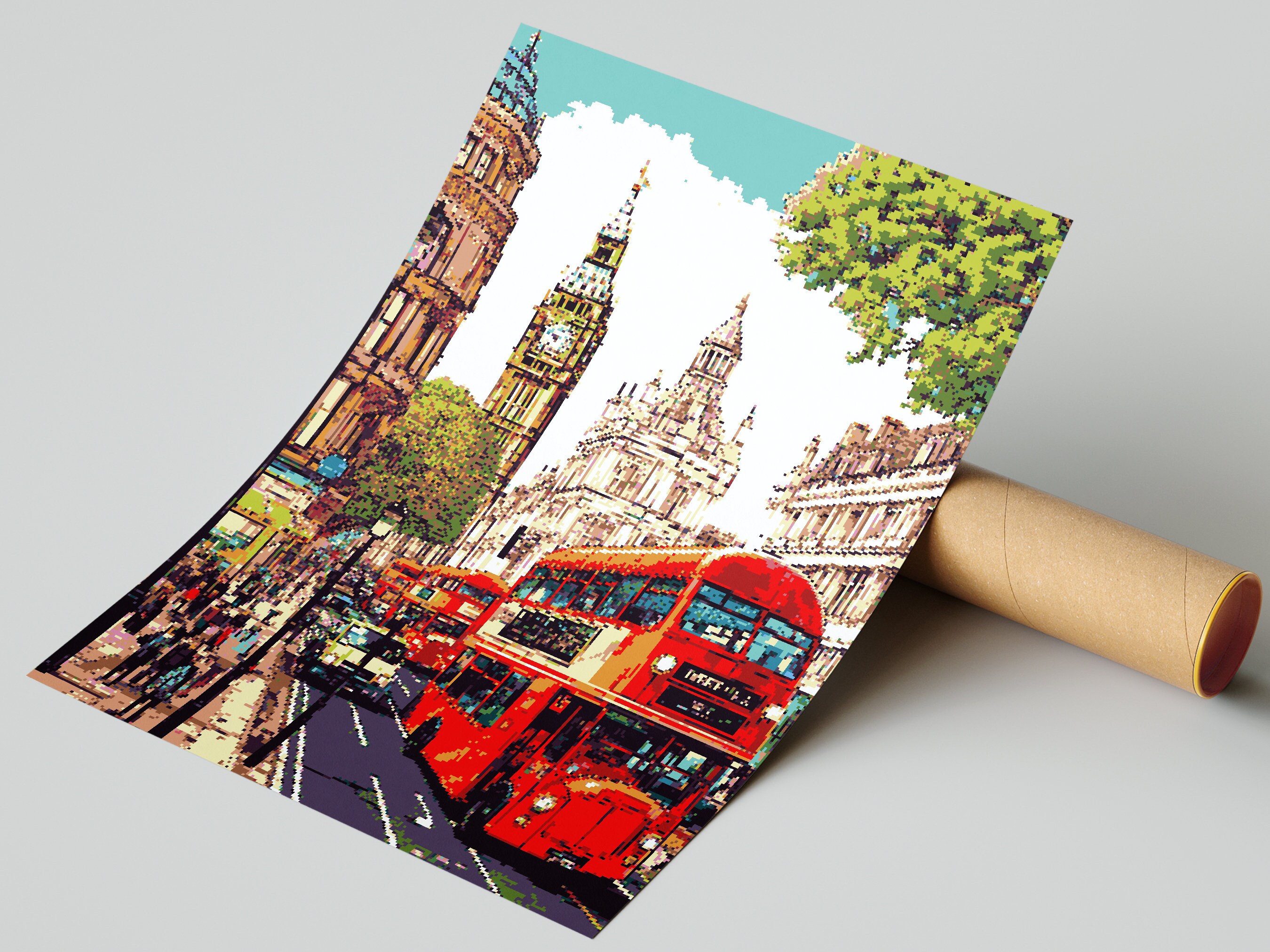 London City Pixel Art Poster, Pixelated Poster Westminster Big Ben Wall ...