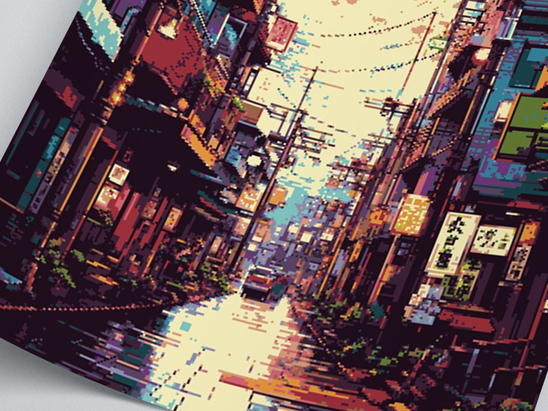 Japanese Pixel Art Travel Poster, Tokyo Alley Poster, City Sunset ...