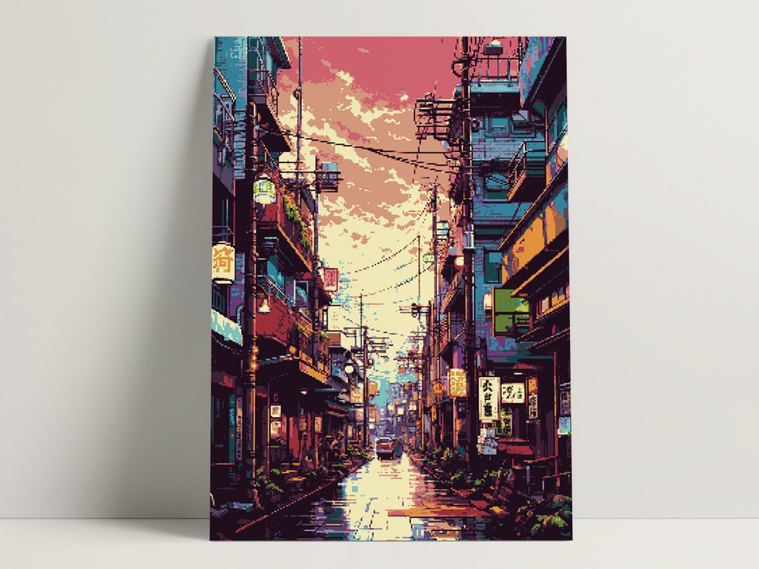 Japanese Pixel Art Travel Poster, Tokyo Alley Poster, City Sunset ...