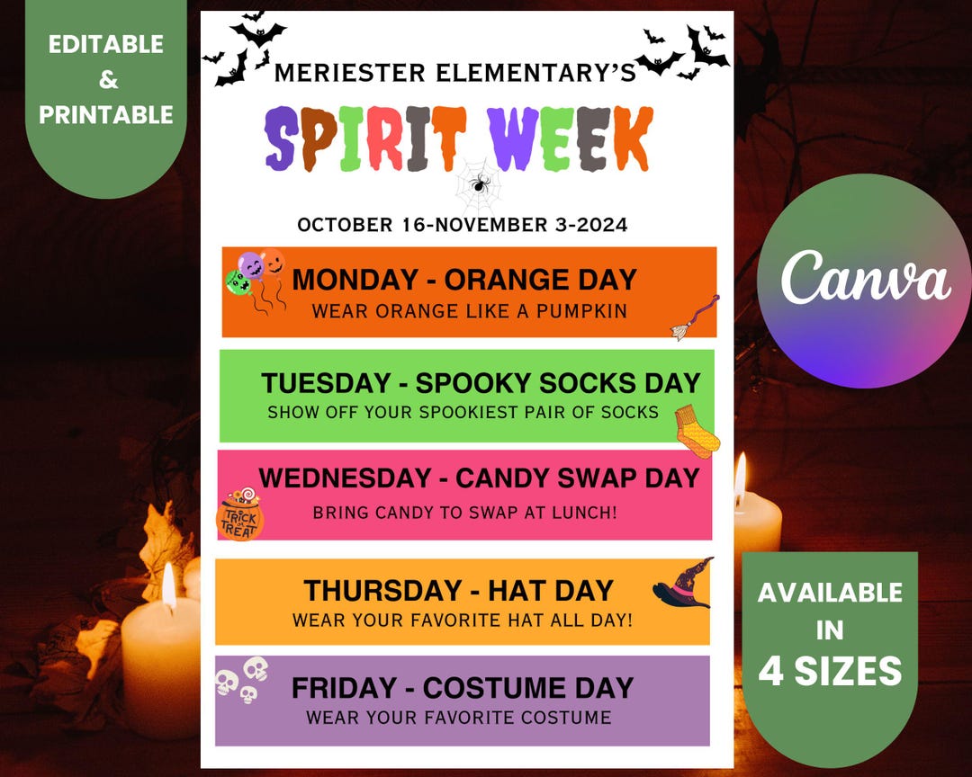 Editable Fall Spirit Week Flyer Template, School Spirit Schedule, Canva ...