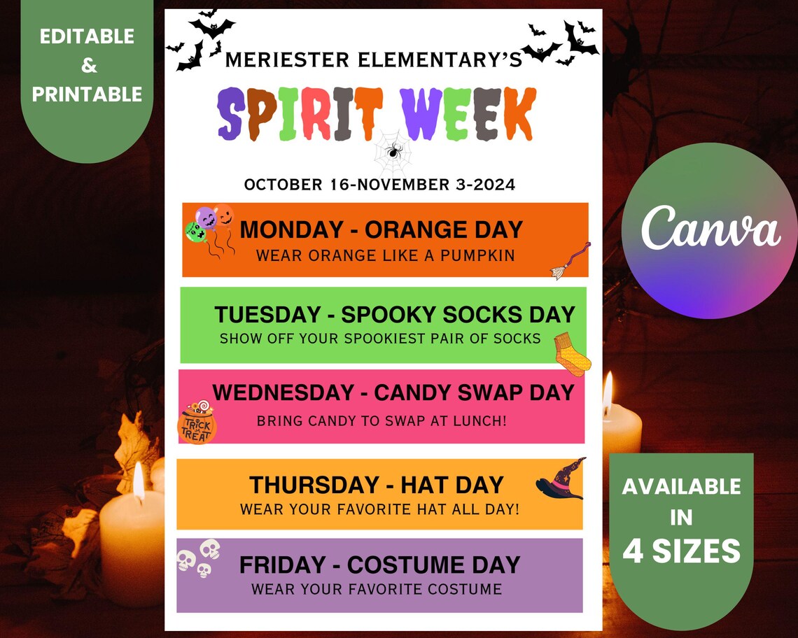 Editable Fall Spirit Week Flyer: School Event Schedule (canva) - Etsy