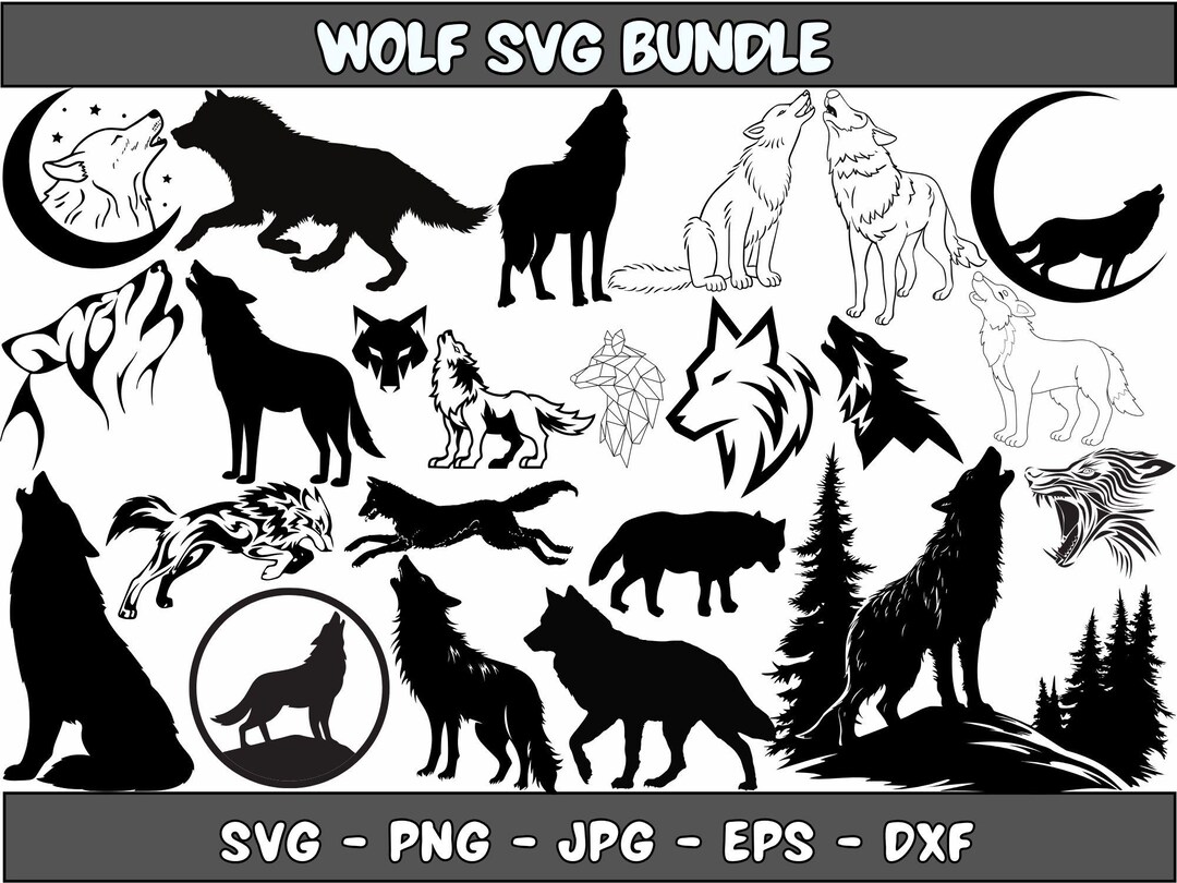 Paquete de svg de lobo / svg de lobo aullando a la luna / svg de animal ...