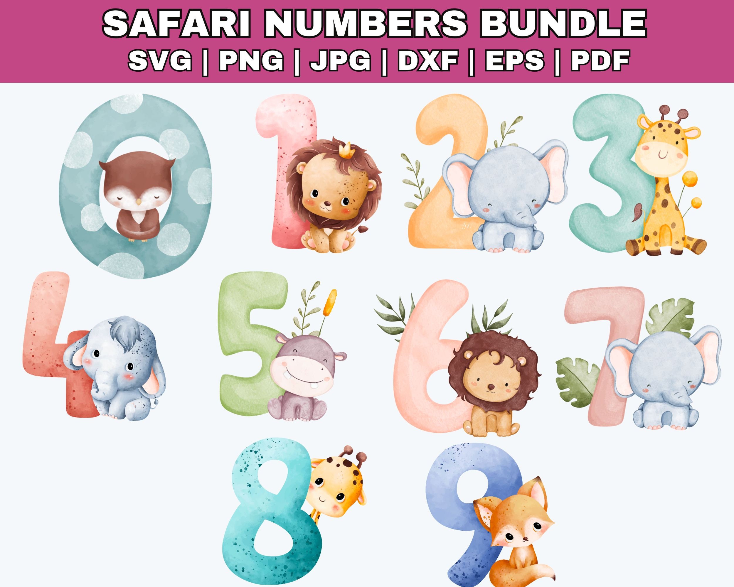 Safari Animals Numbers Clipart: Watercolor PNG, SVG, PDF - Etsy