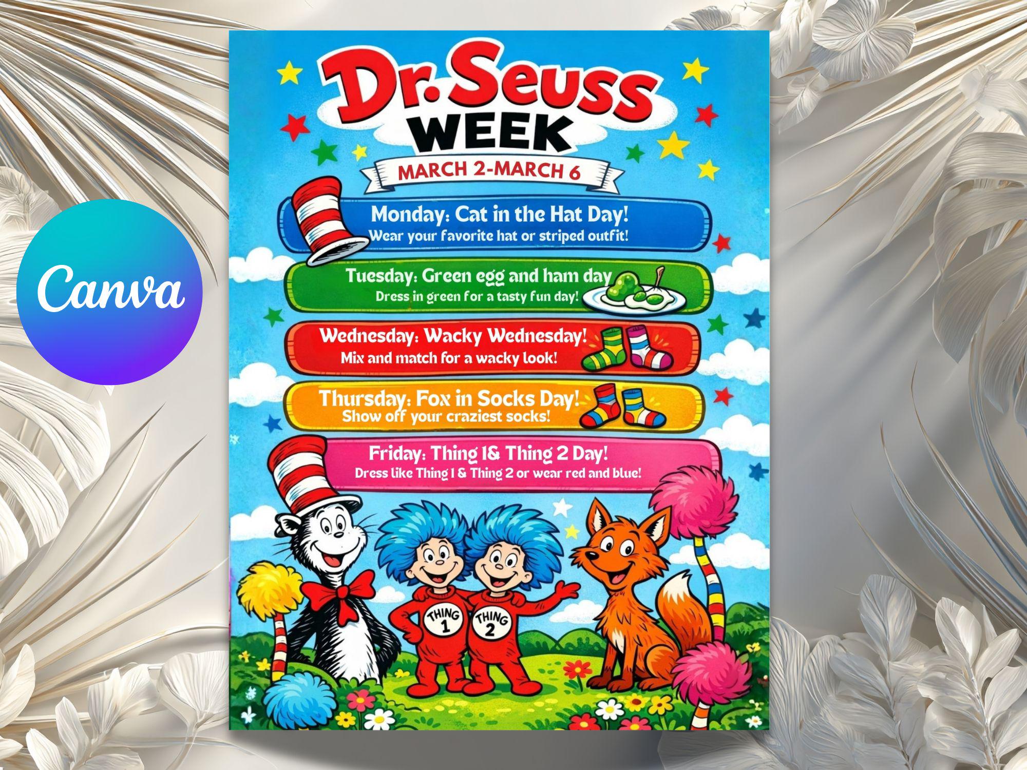 Editable Dr. Seuss Week Flyer Template, School Reading Spirit Week (8 ...