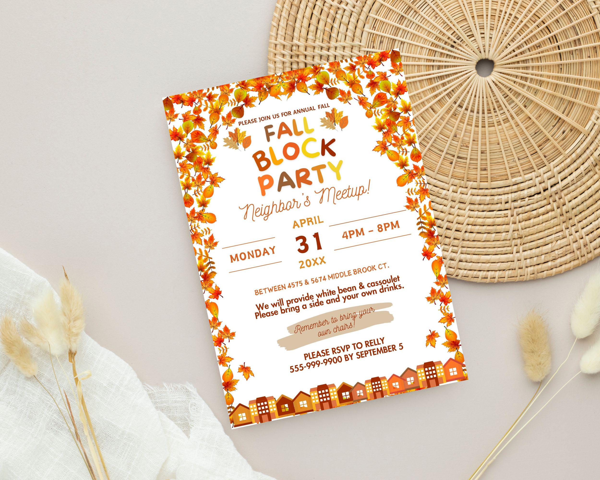 Fall Block Party Flyer Editable Template for Autumn Neighborhood Party ...