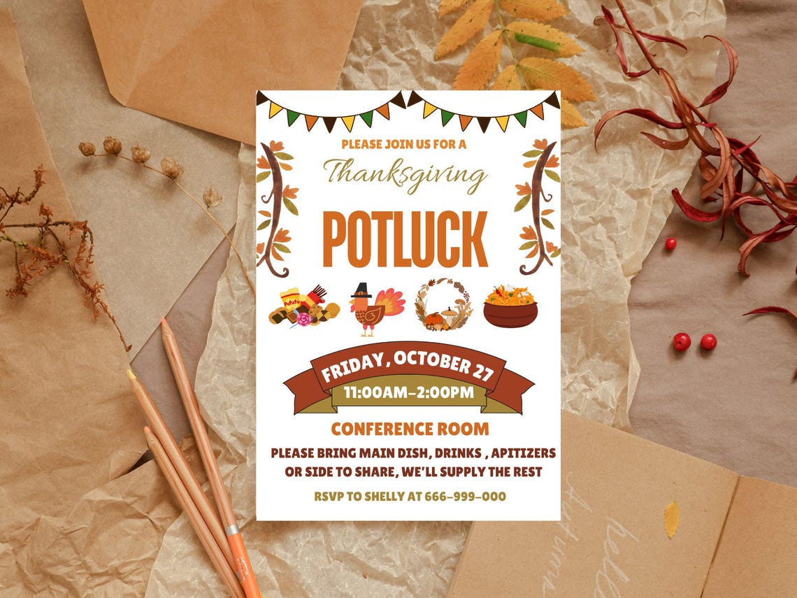Thanksgiving Potluck Flyer: Editable Invitation Template (canva, PDF ...