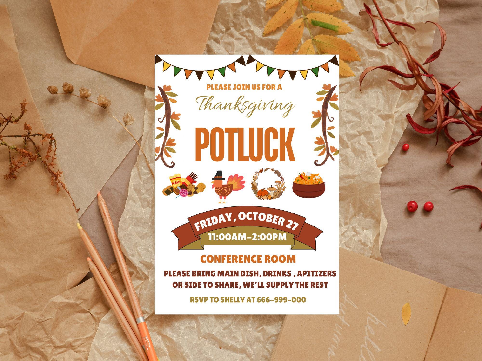 Thanksgiving Potluck Flyer: Editable Invitation Template (canva, PDF ...