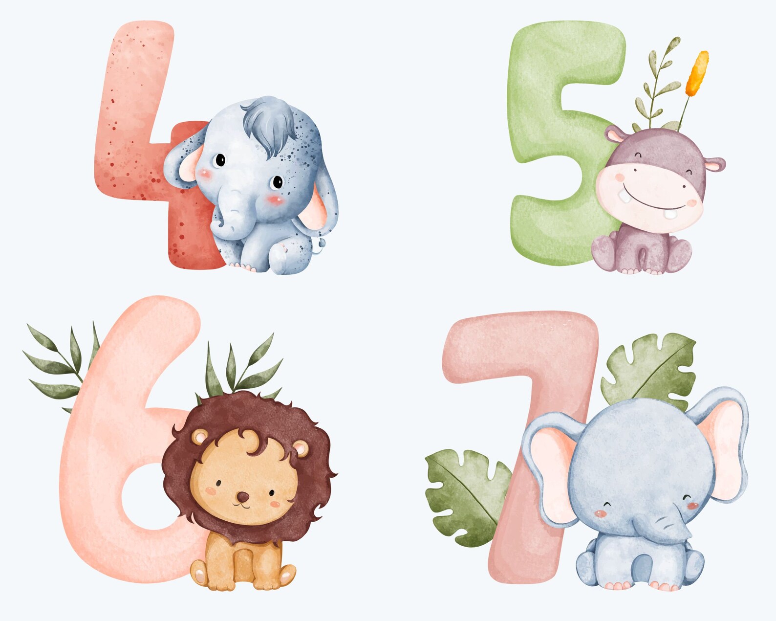 Safari Animals Numbers Clipart: Watercolor PNG, SVG, PDF - Etsy