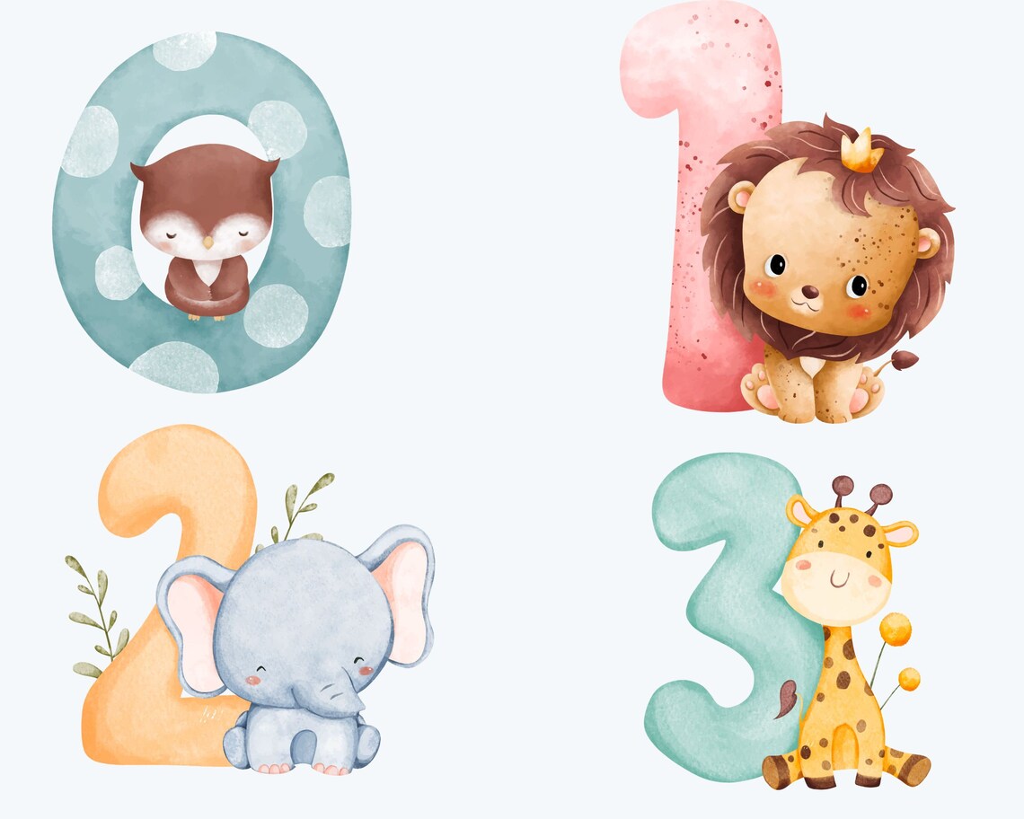 Safari Animals Numbers Clipart: Watercolor PNG, SVG, PDF - Etsy