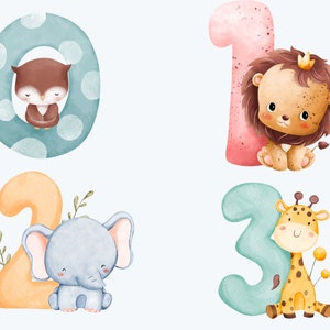 Safari Animals Numbers Clipart: Watercolor PNG, SVG, PDF - Etsy