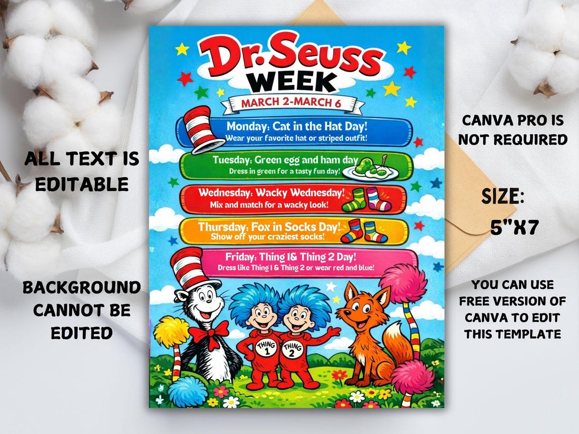 Editable Dr. Seuss Week Flyer Template, School Reading Spirit Week (8 ...
