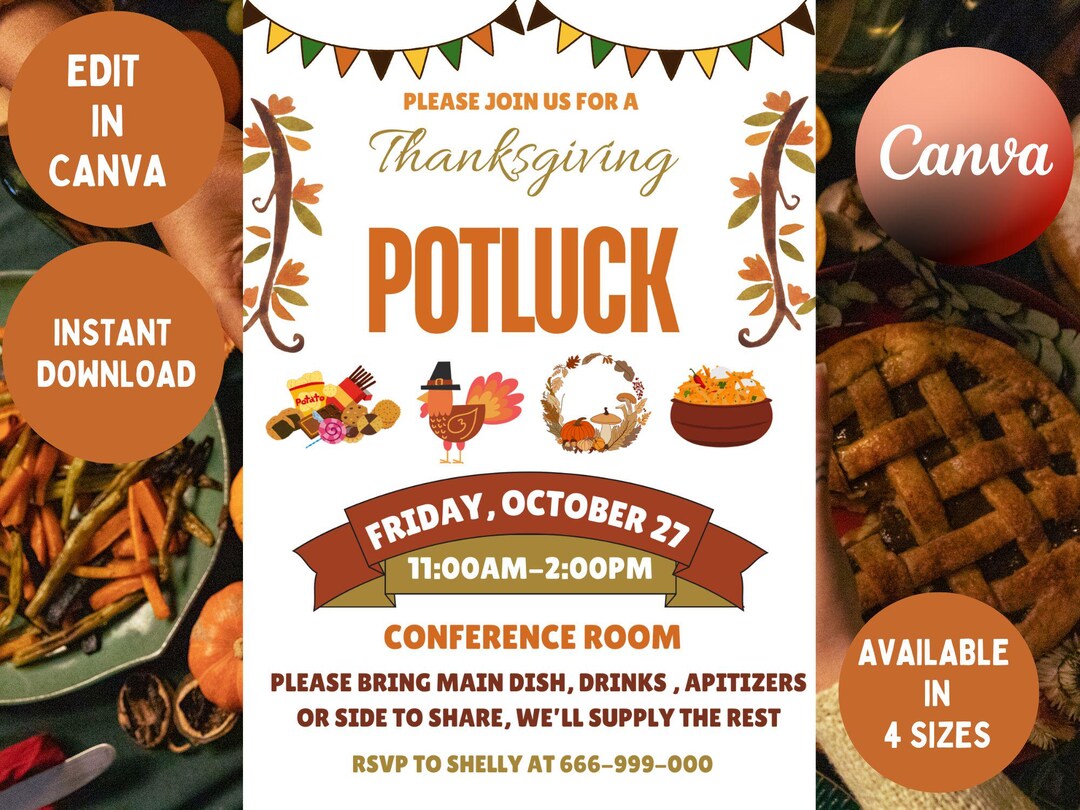 Thanksgiving Potluck Flyer: Editable Invitation Template (canva, PDF ...