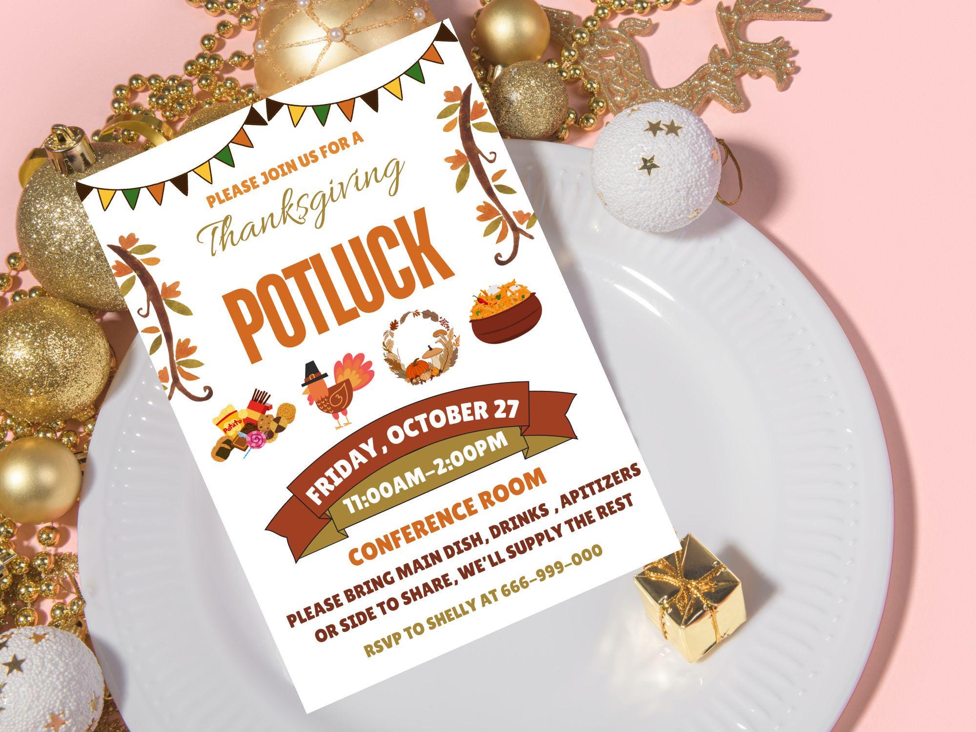 Thanksgiving Potluck Flyer: Editable Invitation Template (canva, PDF ...