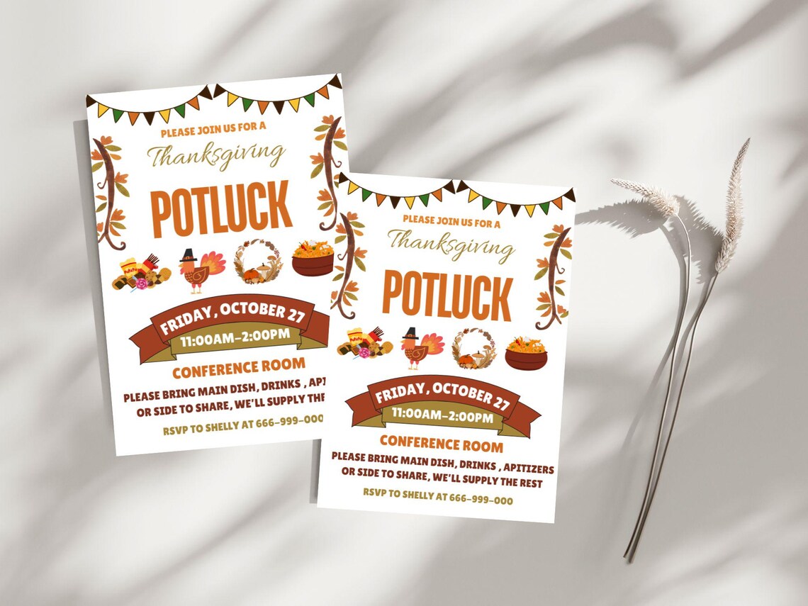 Thanksgiving Potluck Flyer: Editable Invitation Template (canva, PDF ...