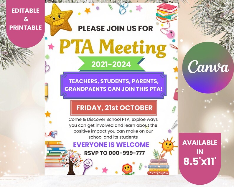 PTO PTA Meeting Flyer: Back to School Template (canva Editable, 8.5x11 ...