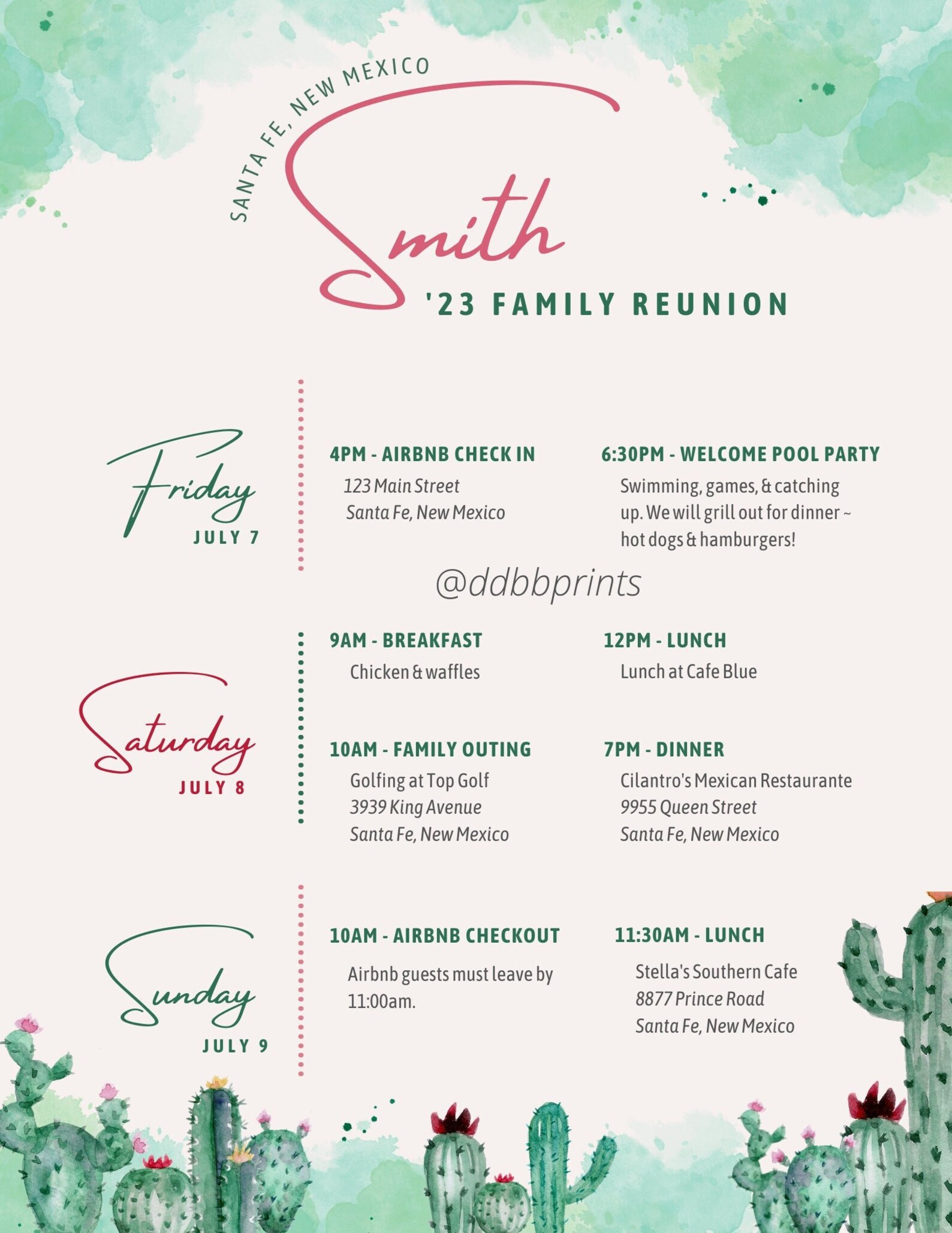 Family Friends Reunion Group Vacation Trip Invitation Itinerary Cactus ...