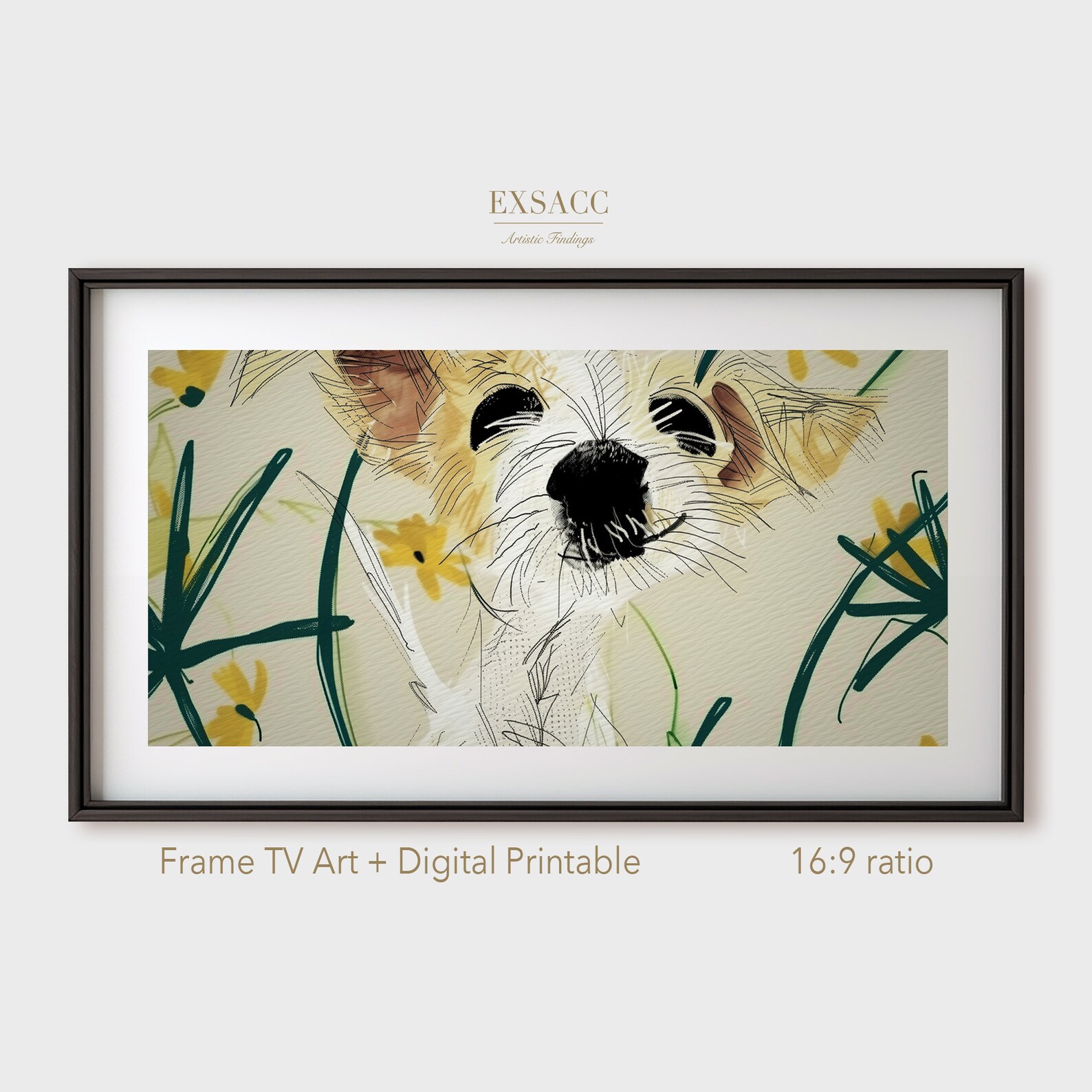 Frame TV Art Dog, Happy Scruffy Dog and Summer Flowers, Works as ...