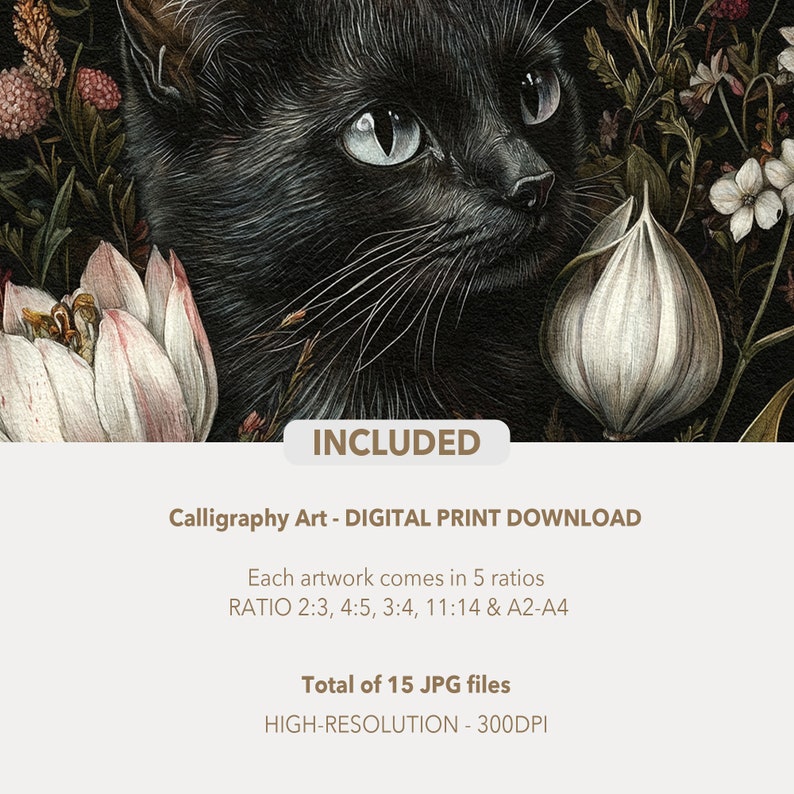 Dark Botanical Black Cat Wall Art Printable, Cottage Core Cat Folk Art ...