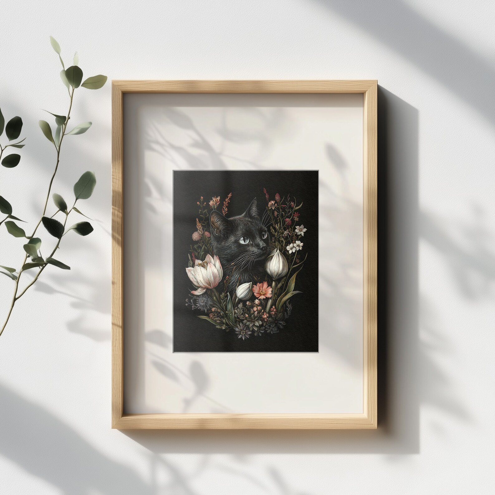 Dark Botanical Black Cat Wall Art Printable, Cottage Core Cat Folk Art ...