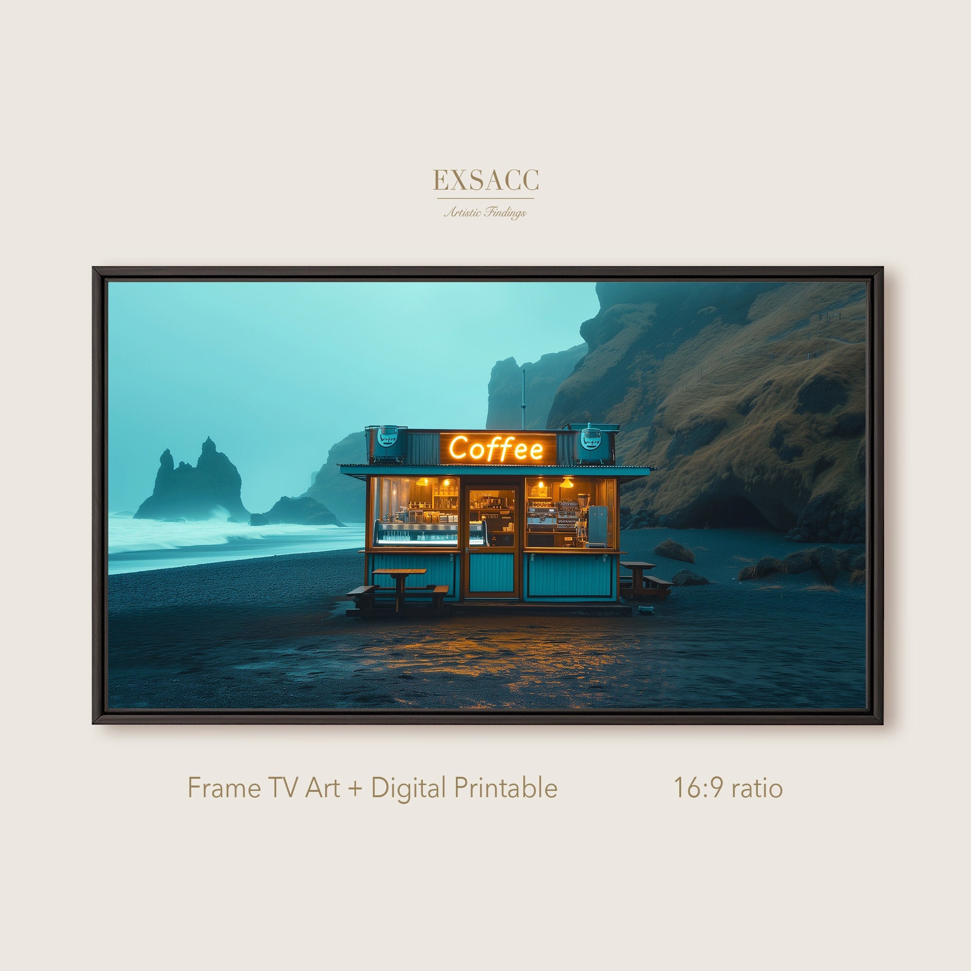 Cinematic Coffee Bar Frame TV Art Travel Iceland Beach, Works as ...
