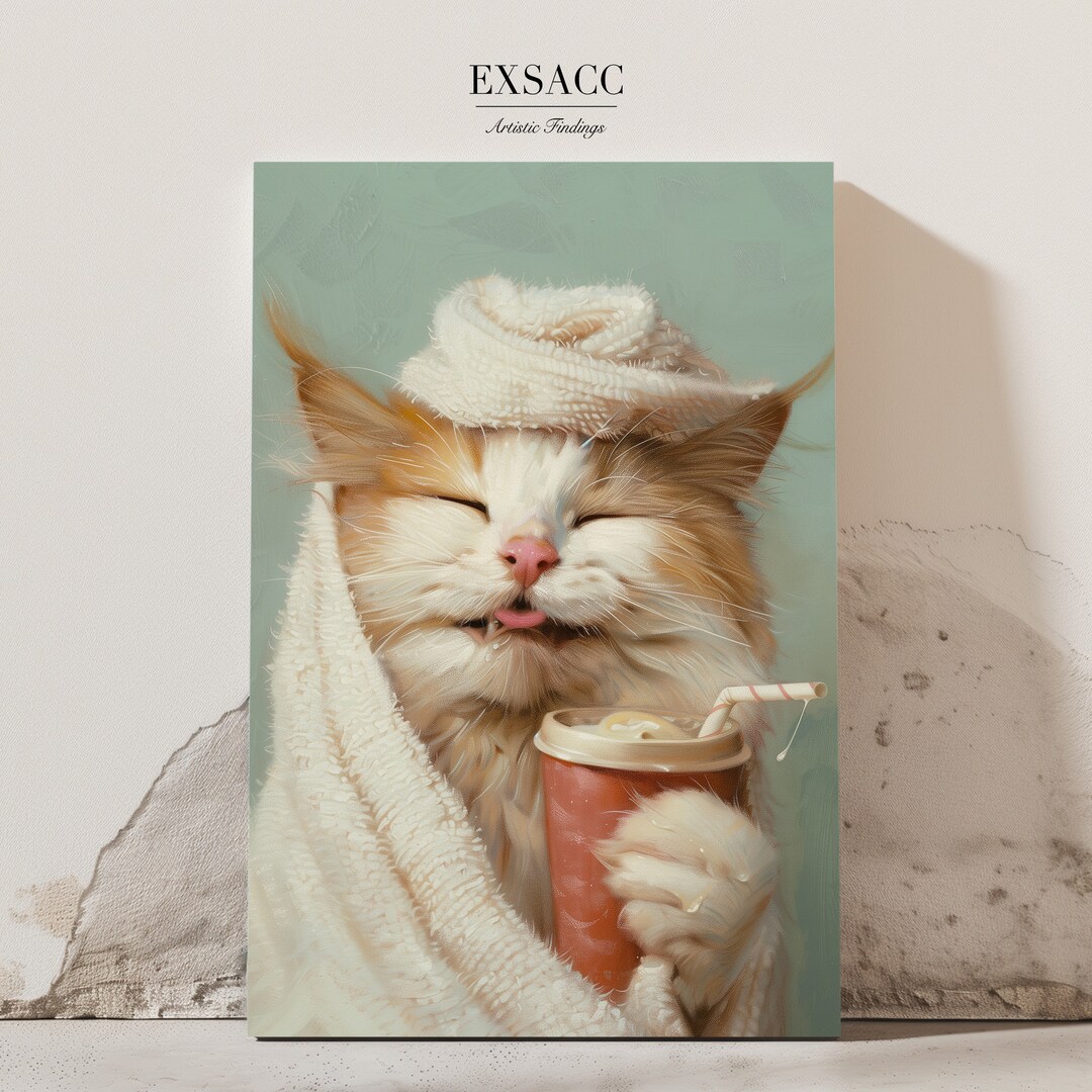 Cat and Coffee Digital Art Printable, Cat Drinking Coffee Art ...