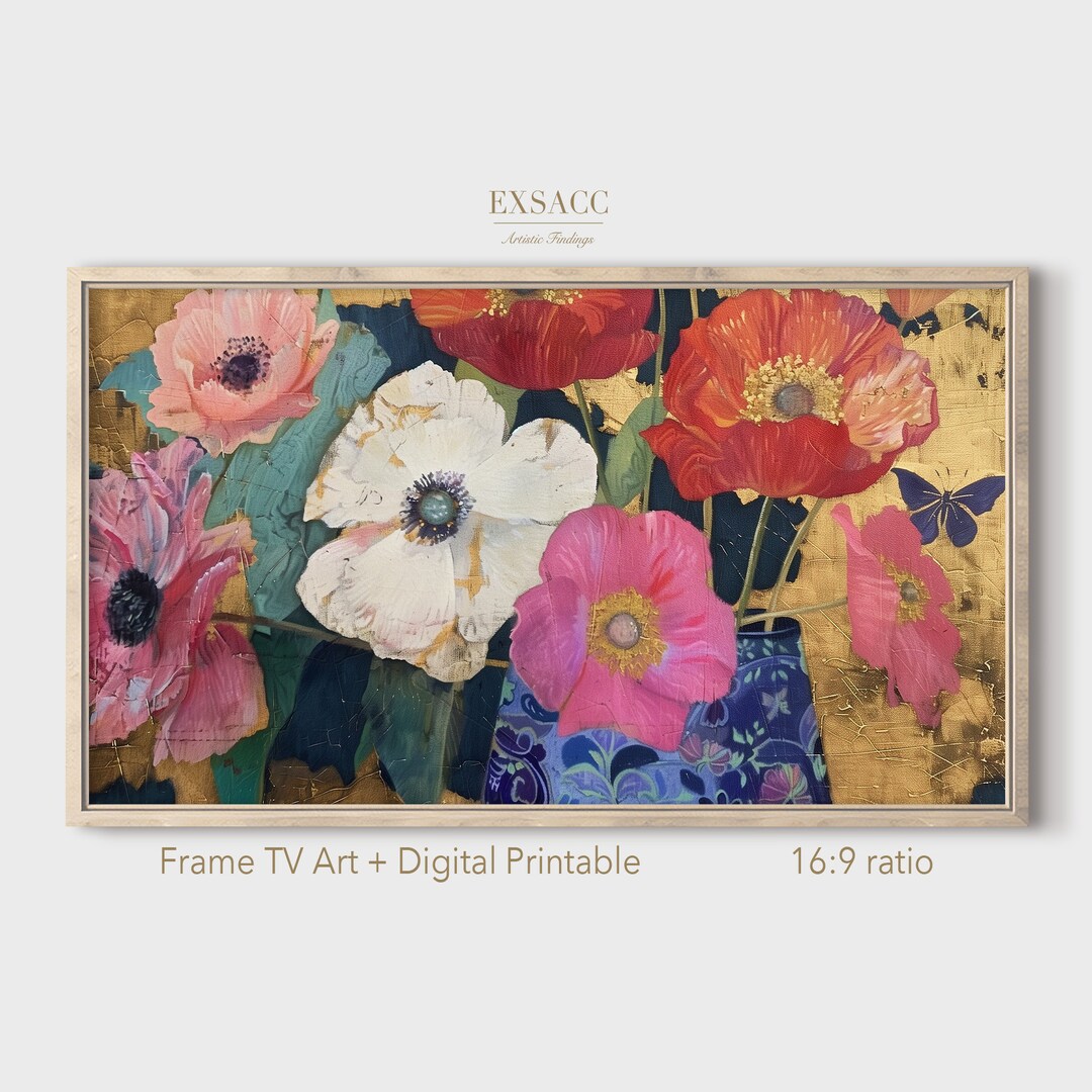 Chinoiserie Frame TV Art Pink White Floral Oil Painting Digital Desktop ...