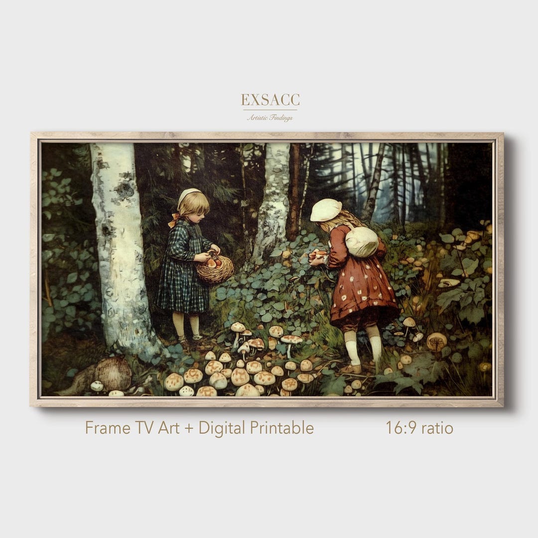 Cottagecore Frame TV Folk Art Mushroom Forage, Vintage Illustration ...