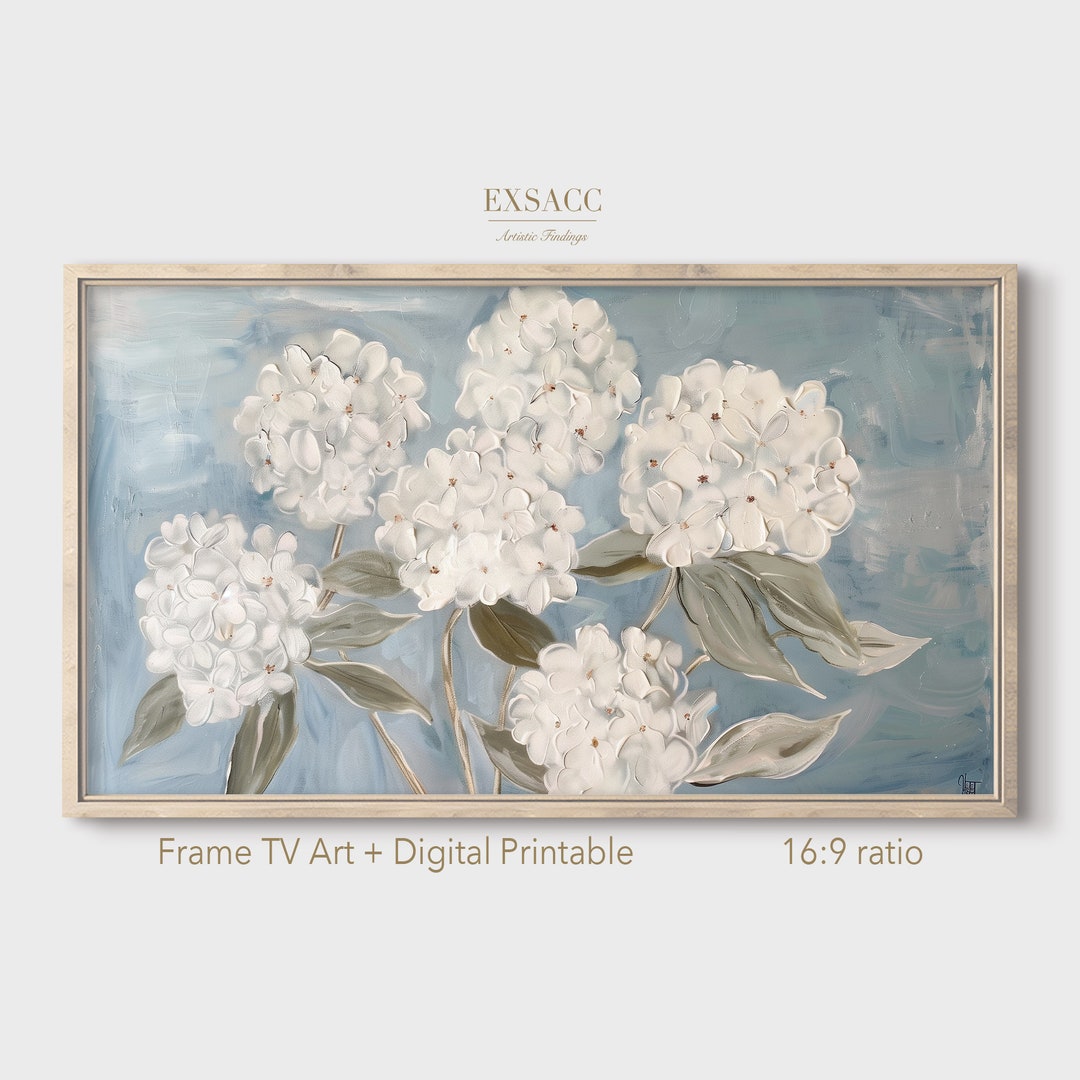 Frame TV Art White Hydrangea, White Blue Floral Painting Desktop ...