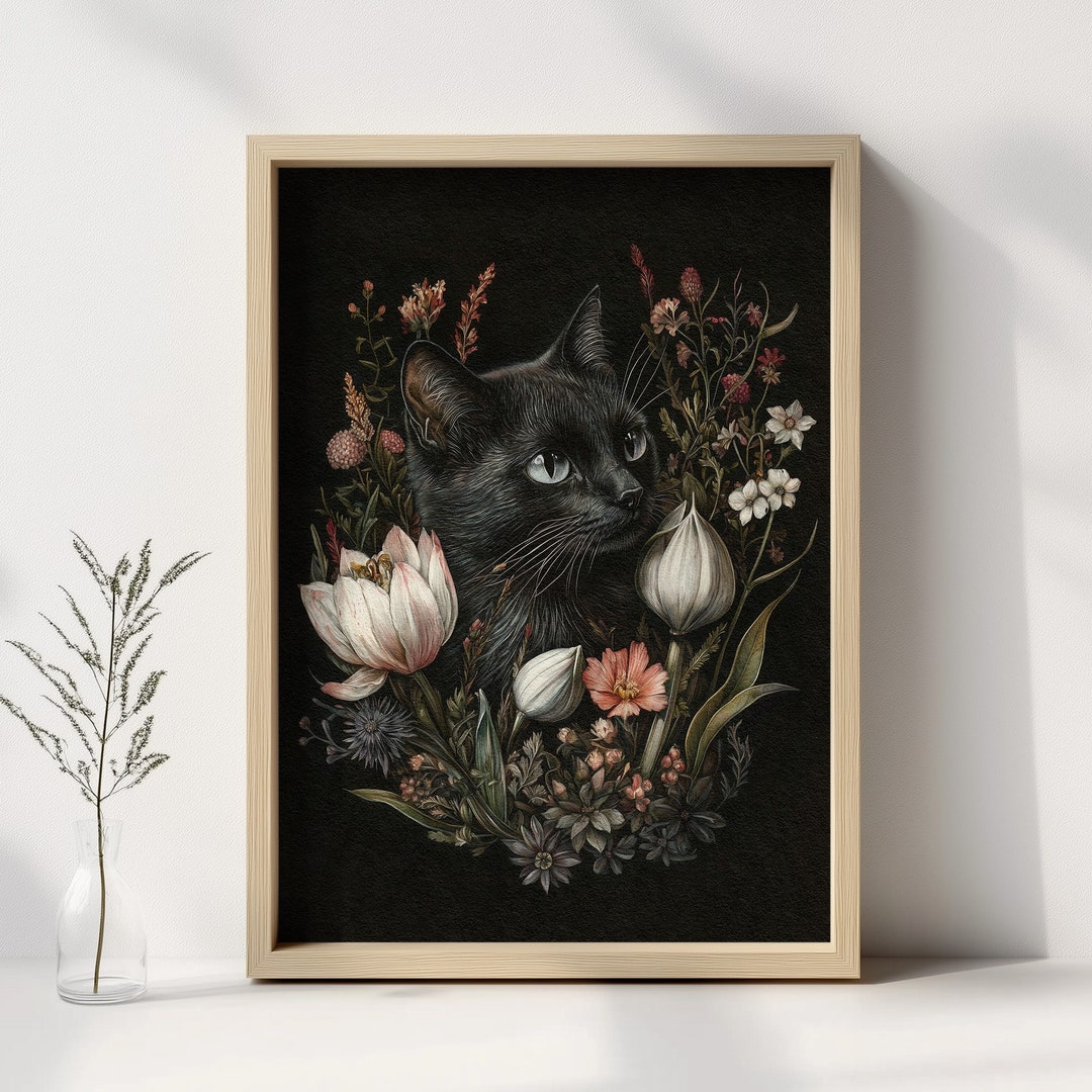 Dark Botanical Black Cat Wall Art Printable, Cottage Core Cat Folk Art ...