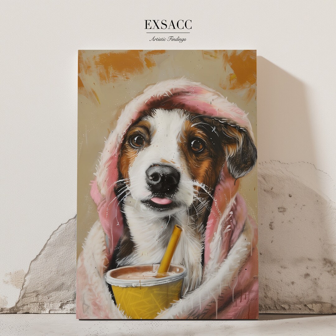 Dog and Coffee Digital Art Printable, Dog Drinking Coffee Art ...