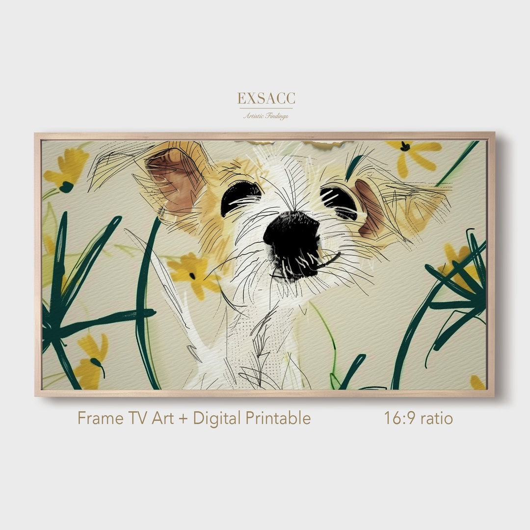 Frame TV Art Dog, Happy Scruffy Dog and Summer Flowers, Works as ...