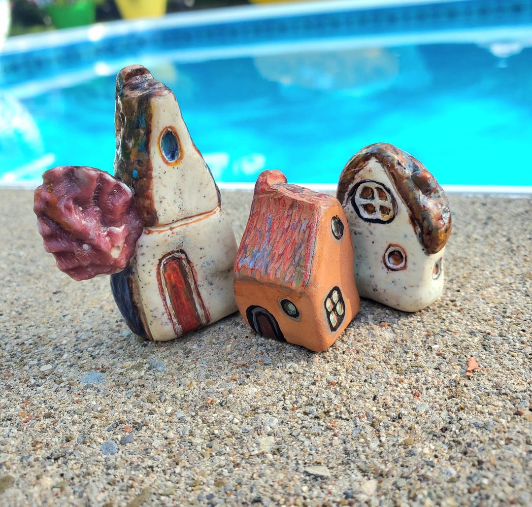 Miniature Clay Houses, Set of Three, Collectible Handmade Fairy ...