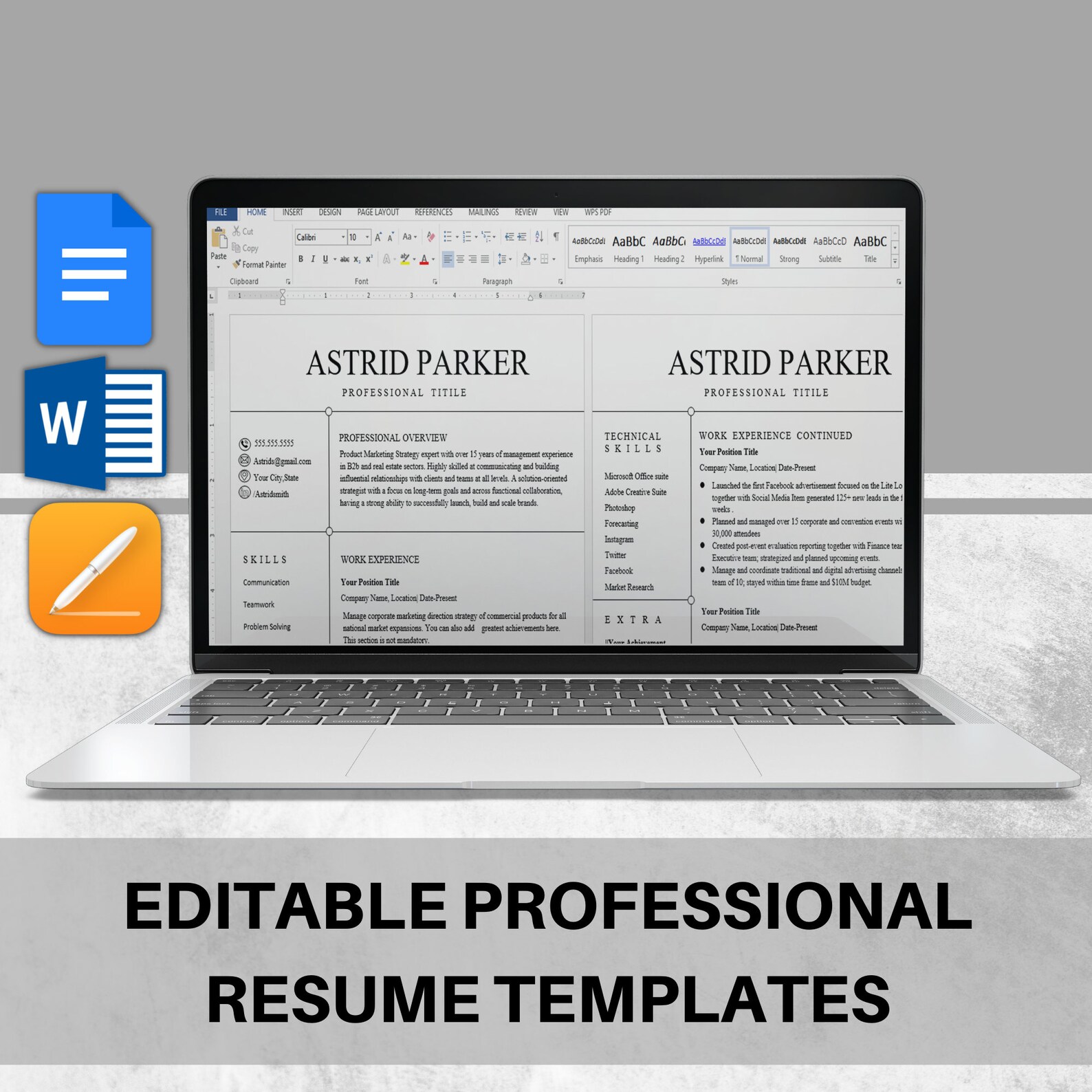 Elegant Clean Résumé Template, Professional Profile CV, Microsoft Word ...