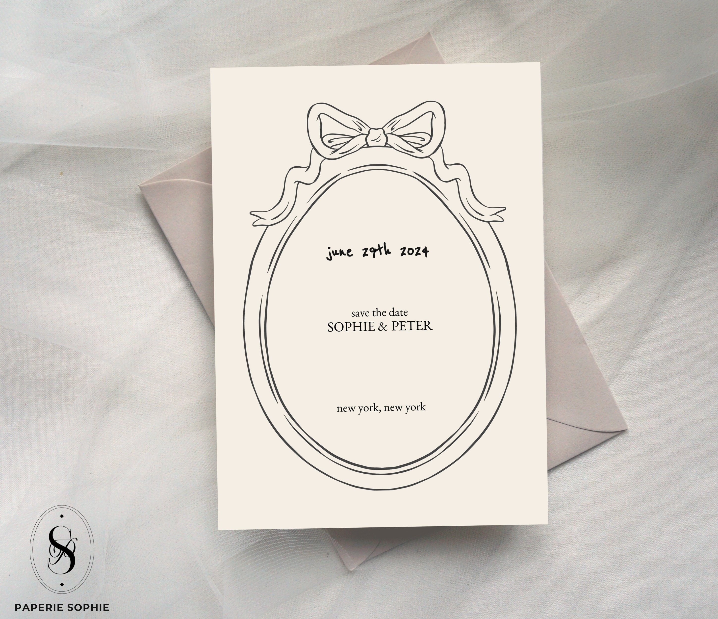 Coquette Bow and Oval Frame, Hand Drawn Save the Date Template - for ...