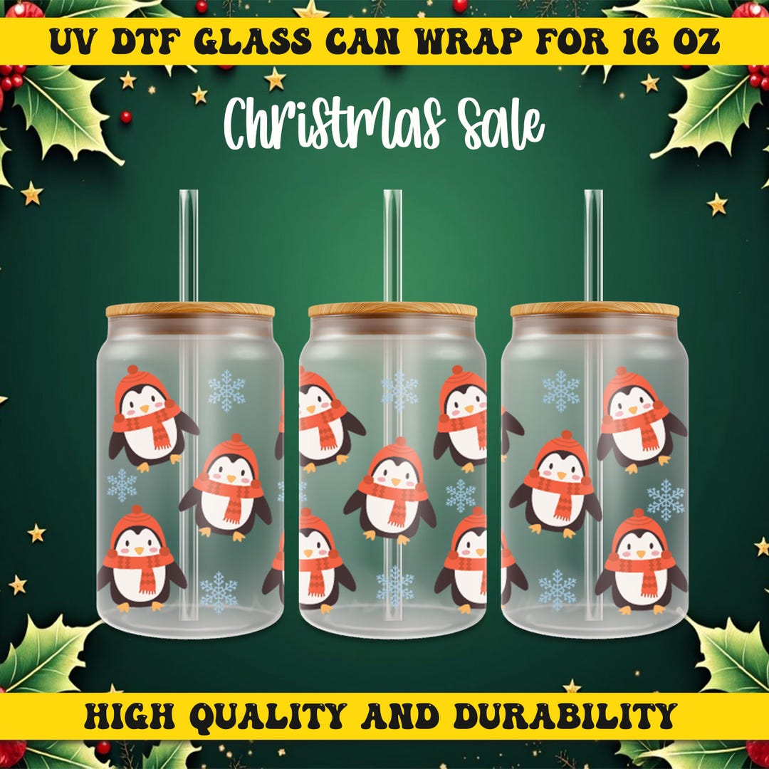 Cute Penguin Christmas UV DTF Sticker Sheet: Cup Wrap Adhesive (16oz ...