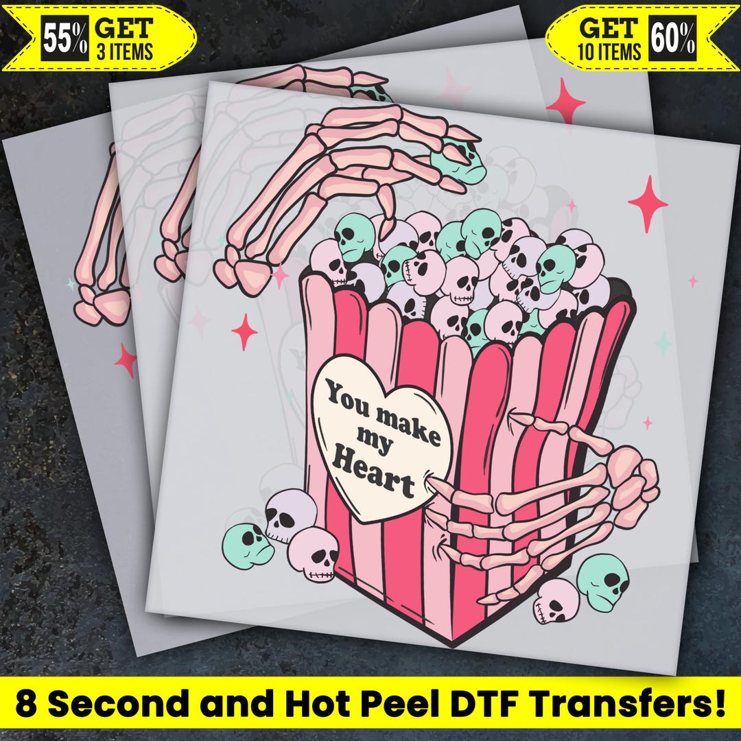 Popcorn Skull, Valentine Skeleton, Valentines Day Ready to Press, Dtf ...