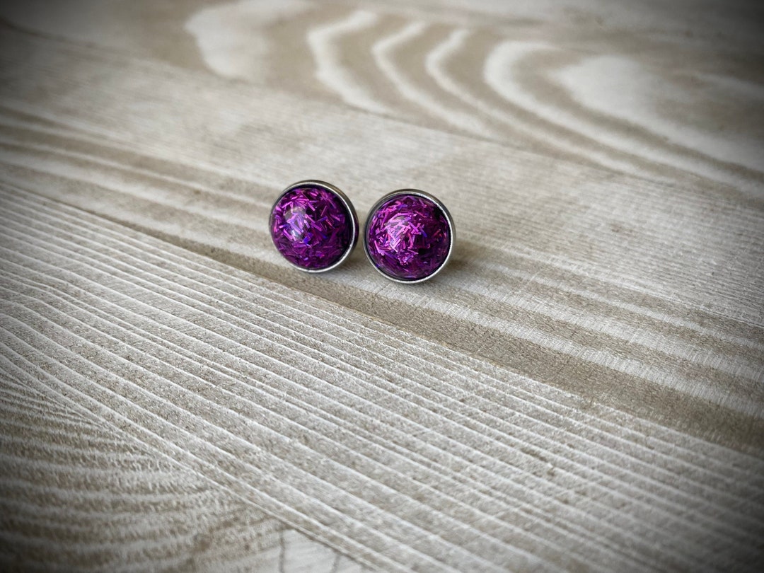 Shimmering Purple Stud Earrings 12mm Handmade Cabochon Studs Glitter ...