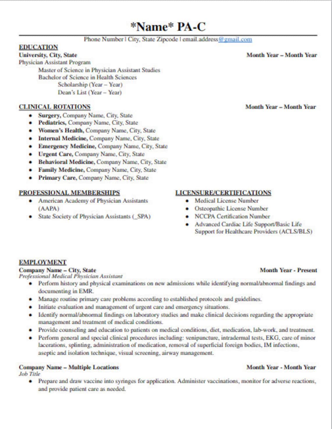 Physician Assistant Resume Template, Resume CV Template for PA or NP ...