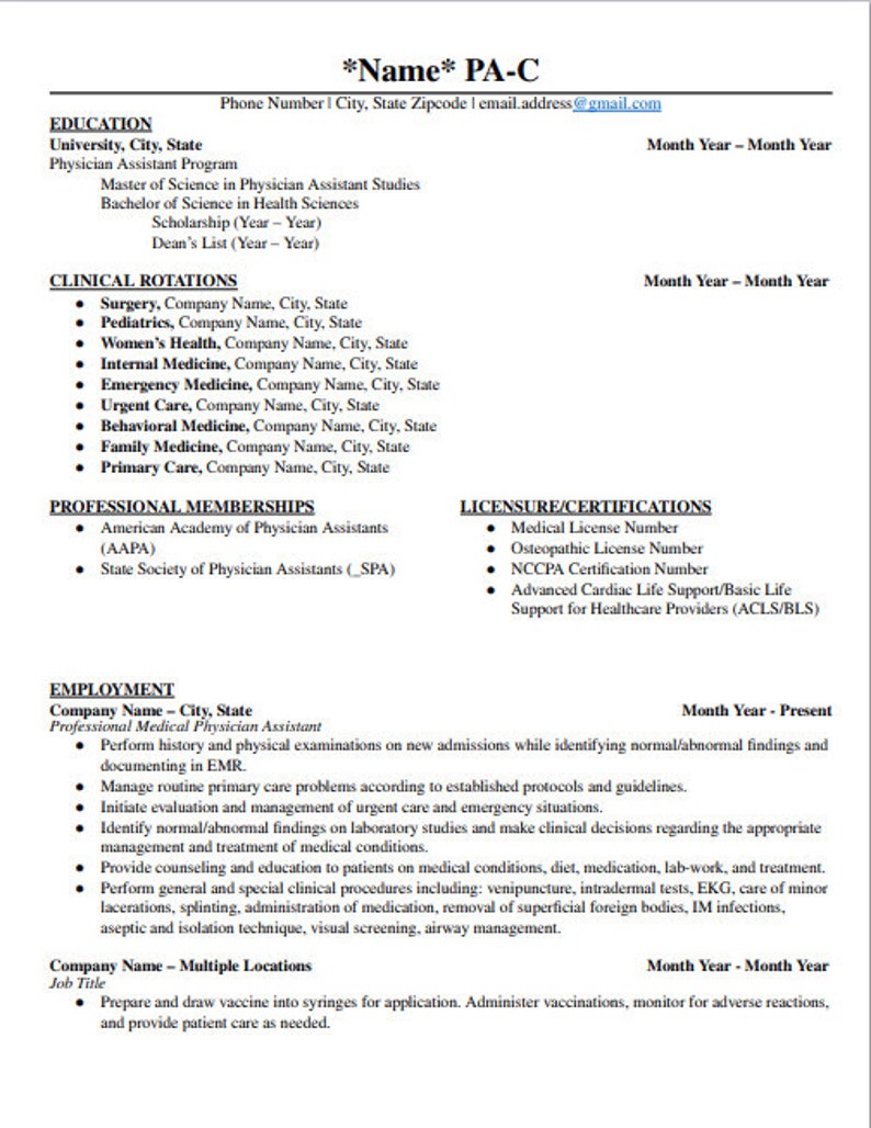 Physician Assistant Resume Template, Resume CV Template for PA or NP ...
