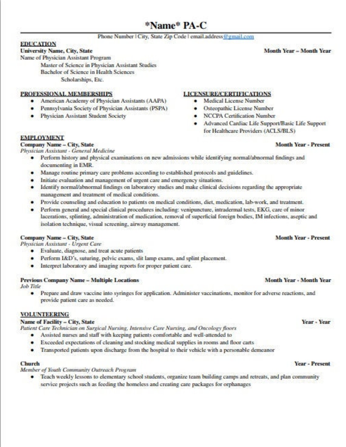 Physician Assistant Resume Template, Resume CV Template for PA or NP ...