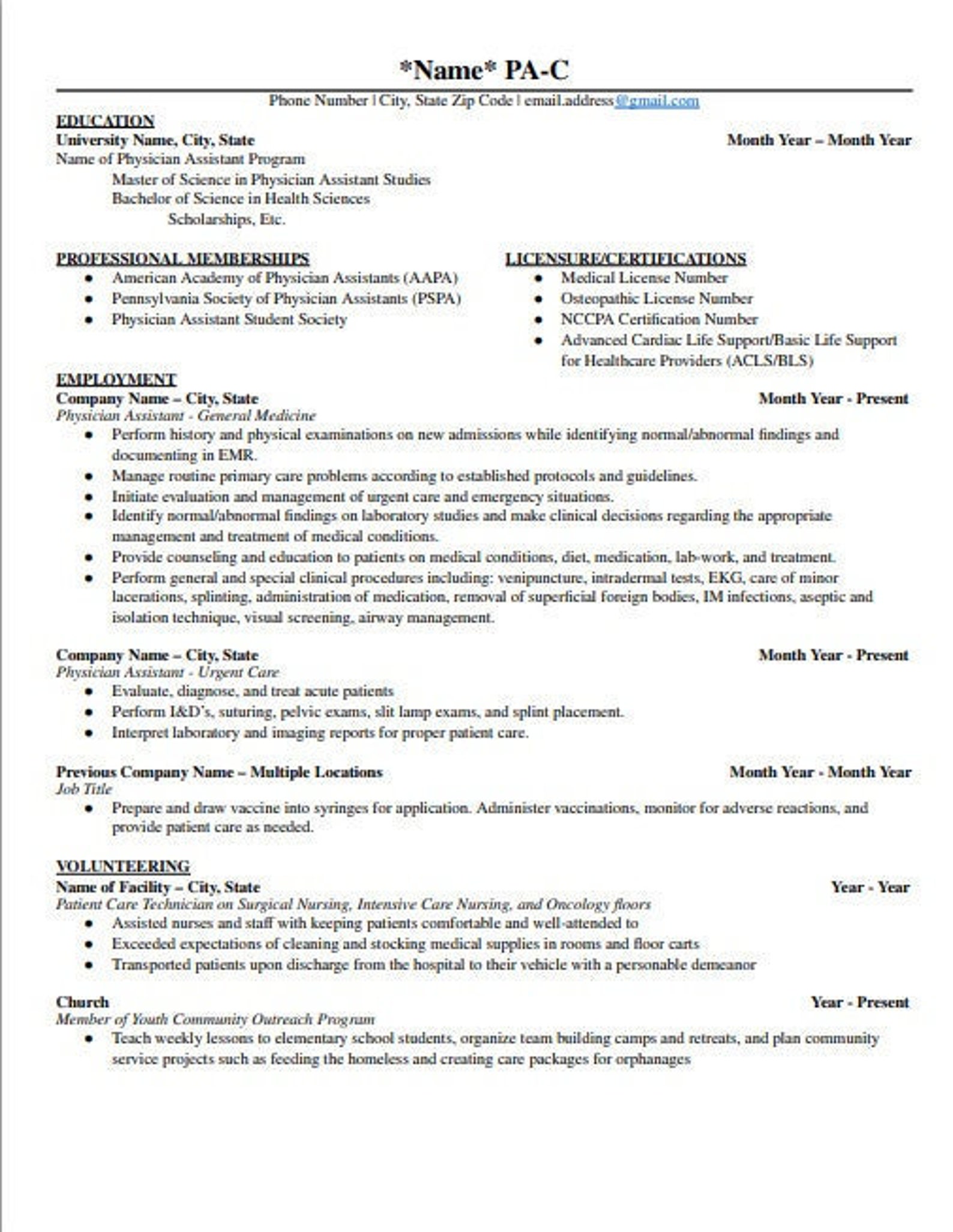 Physician Assistant Resume Template, Resume CV Template for PA or NP ...