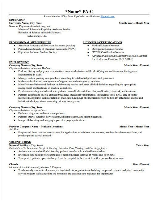 Physician Assistant Resume Template, Resume CV Template for PA or NP ...