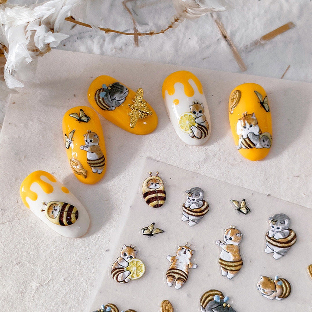 5D Bee-cat Nail Stickers, Cats Nail Decals, Nail Stickers, Embossed ...