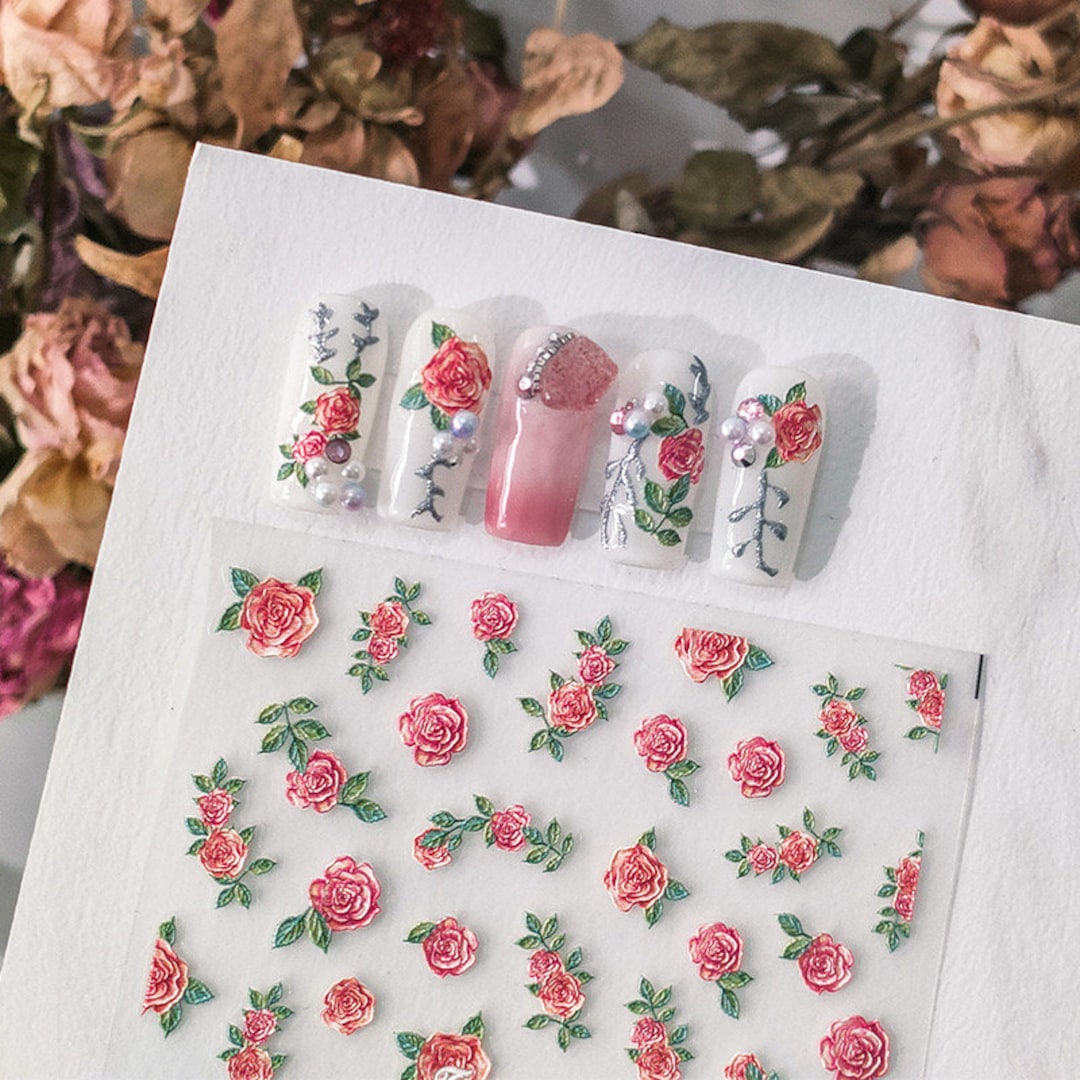 5D Red Rose Nail Stickers, Rose Nail Decals, Flowers Embossed Nail Art ...