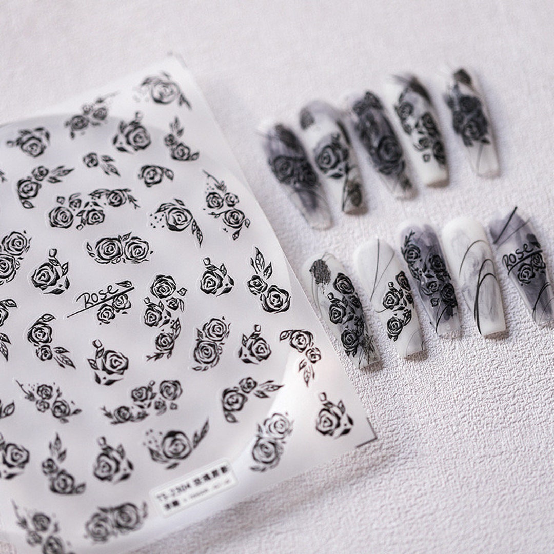5D Black Rose Nail Stickers, Rose Nail Decals, Flower Nail Stickers ...